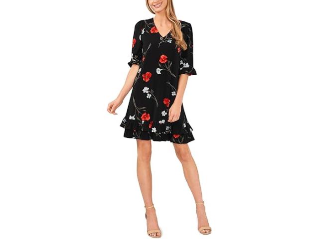 (取寄) シーシー レディース フローラル V-ネック ニット ドレス W/ ラッフル ヘム CeCe women Floral V-Neck Knit Dress W/ Ruffle Hem Rich Black