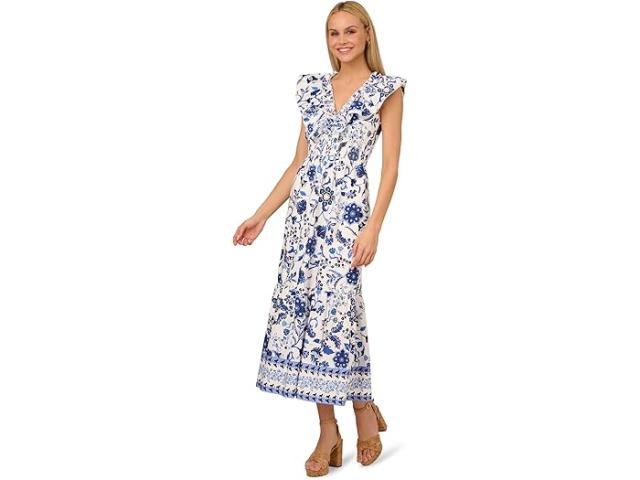 (取寄) アドリアナ パぺル レディース プリンテッド ラッフル ミディ ドレス Adrianna Papell women Printed Ruffle Midi Dress White/Blue Multi