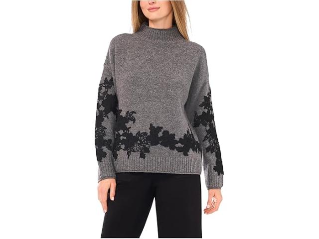 (取寄) ヴィンスカムート レディース フローラル エンベリッシュ モック ネック Vince Camuto women Floral Embellished Mock Neck Med Heather Grey