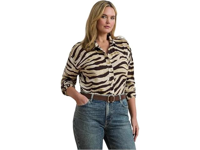 (取寄) ローレン ラルフローレン レディース プラス サイズ リラックスド-フィット フィット ゼブラ-プリント リネン シャツ Lauren Ralph Lauren women Plus Size Relaxed Fit Zebra-print Linen Shirt Cream/Brown