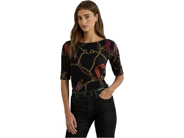 (取寄) ローレン ラルフローレン レディース プリント ストレッチ コットン ボートネック ティー Lauren Ralph Lauren women Print Stretch Cotton Boatneck Tee Black Multi