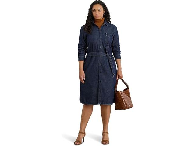 (取寄) ローレン ラルフローレン レディース プラス サイズ ベルテッド デニム シャツドレス Lauren Ralph Lauren women Plus Size Belted Denim Shirtdress Pure Rinse Wash