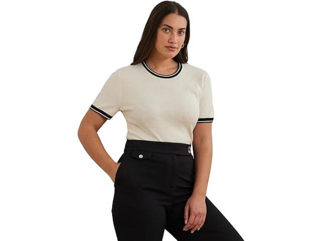 (取寄) ローレン ラルフローレン レディース プラス サイズ ツートーン ショートスリーブ セーター Lauren Ralph Lauren women Plus Size Two-tone Short-sleeve Sweater Mascarpone Cream/Black