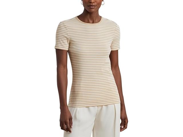 (取寄) ローレン ラルフローレン レディース ストライプド ストレッチ コットン クルーネック ティー Lauren Ralph Lauren women Striped Stretch Cotton Crewneck Tee Sand Dune/Mascarpone Cream
