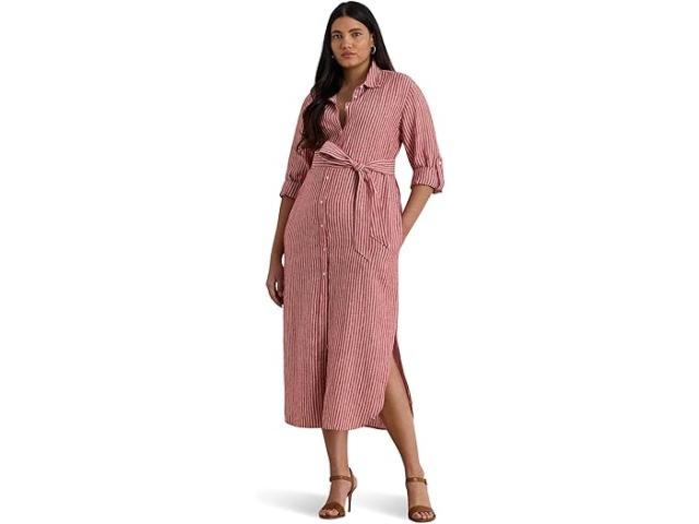 (取寄) ローレン ラルフローレン レディース プラス サイズ ストライプド リネン ロールタブスリーブ シャツドレス Lauren Ralph Lauren women Plus Size Striped Linen Roll-tab-sleeve Shirtdress Light Red/White