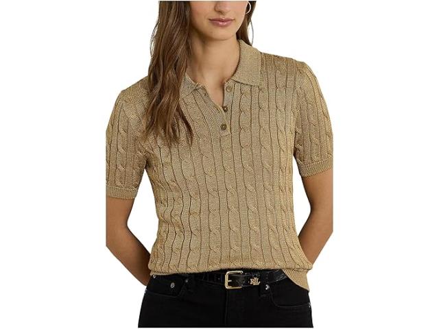 (取寄) ローレン ラルフローレン レディース メタリック ケーブルニット ポロ セーター Lauren Ralph Lauren women llic Cable-Knit Polo Sweater Relic Gold llic