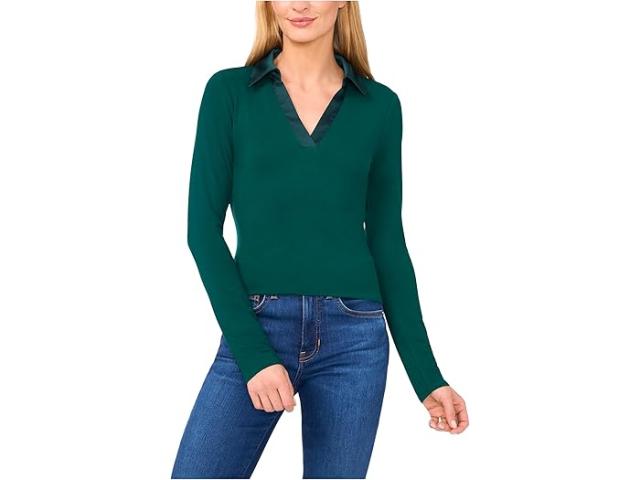 (取寄) シーシー レディース ウーブン カラー ロング スリーブ ニット トップ CeCe women Woven Collar Long Sleeve Knit Top Dark Forest