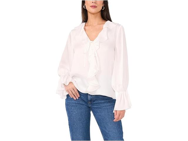 (取寄) ヴィンスカムート レディース ダブル ラッフル フロント V-ネック ブラウザ ウィズ ラッフル カフス Vince Camuto women Double Ruffle Front V-Neck Blouse With Ruffle Cuffs New Ivory