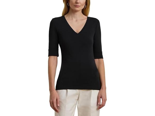 (取寄) ローレン ラルフローレン レディース ストレッチ コットン エルボー-スリーブ V-ネック ティー Lauren Ralph Lauren women Stretch Cotton Elbow-Sleeve V-Neck Tee Black