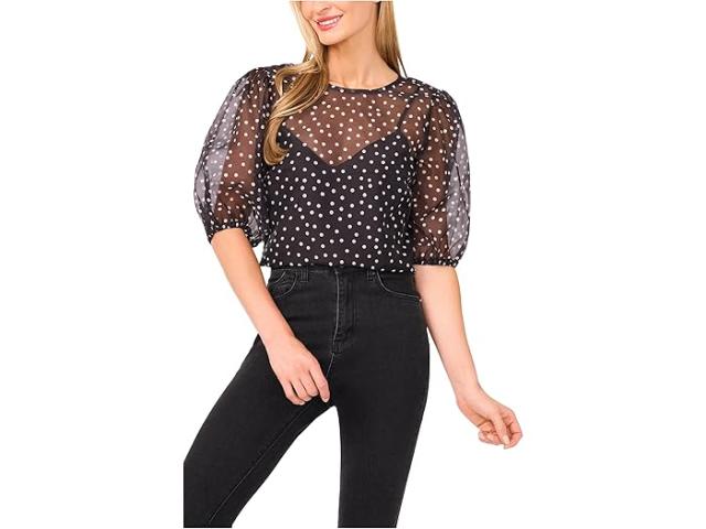 (取寄) シーシー レディース ポルカ ドット バルーン ショート スリーブ クルー ネック トップ CeCe women Polka Dot Balloon Short Sleeve Crew Neck Top Rich Black