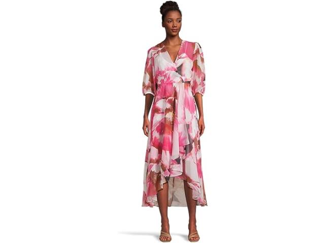 (取寄) カルバンクライン レディース シフォン フローラル フォー ラップ   women Chiffon Floral Faux Wrap Hibiscus Multi