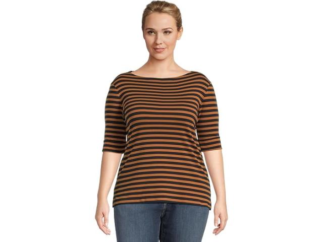 (取寄) ローレン ラルフローレン レディース プラス サイズ ストライプド ストレッチ コットン ボートネック ティー Lauren Ralph Lauren women Plus Size Striped Stretch Cotton Boatneck Tee Lauren Navy/Cinnamon Bark