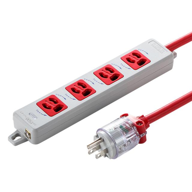 医用接地プラグ付き 電源タップ 3P 4個口 レッド 3m[TAP-HPM4-3R]
