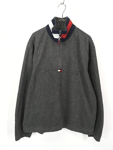 古着 90s TOMMY HILFIGER ライン ロゴ 刺しゅう ハーフジップ フリース