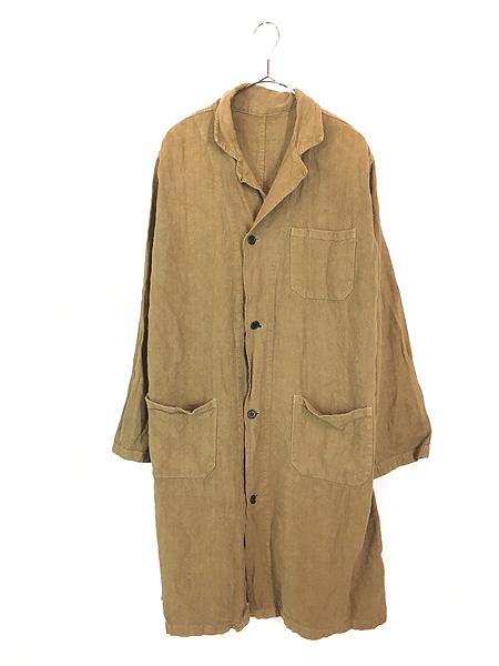 古着 〜80s ヘビー オーガニック リネン ワーク ショップ アトリエ ロング コート オリーブ XL位