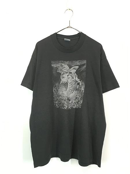古着 90s USA製 The Angel 「welcome to undergroung」 正義の女神 モノクロ アート Tシャツ XL