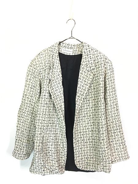 古着 90s USA製 VP Collections モノクロ 3D ブロック アート 豪華 100% シルク テーラード ジャケット S 使用感なし!!