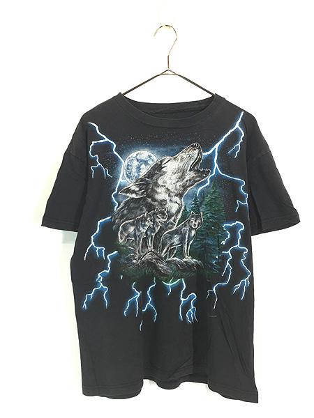 古着 90s USA THUNDER 豪華 ウルフ ブルー サンダー Tシャツ L位 古着