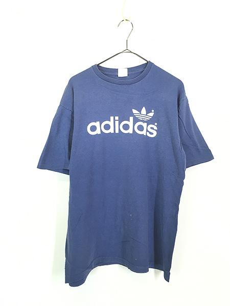 古着 80s adidas BIG ロゴ ソリッド 両面 Tシャツ 紺 XL 古着