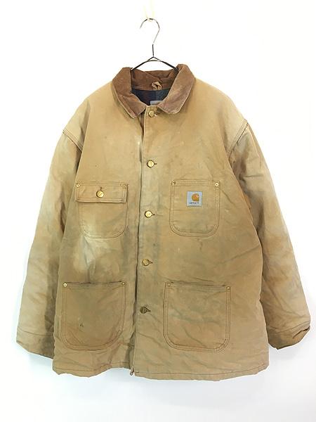 古着 90s USA製 Carhartt 裏地 ストライプ ブランケット ブラウン ダック ミシガンチョア カバーオール ジャケット XL位 古着