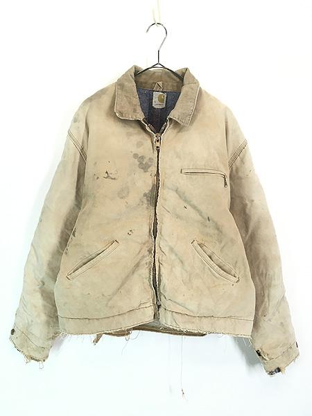 古着 70s Carhartt 裏地 ストライプ ブランケット クラッシュ フェード ブラウン ダック デトロイト ジャケット 46 古着
