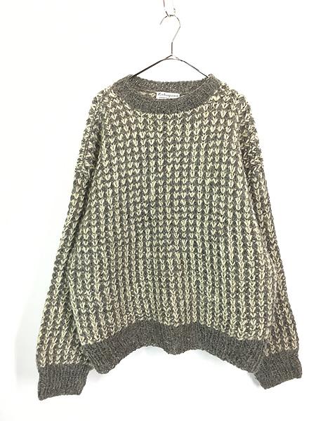 古着 90s ポーランド製 Zakopane 2tone ローゲージ ウール ハンド ニット セーター XL