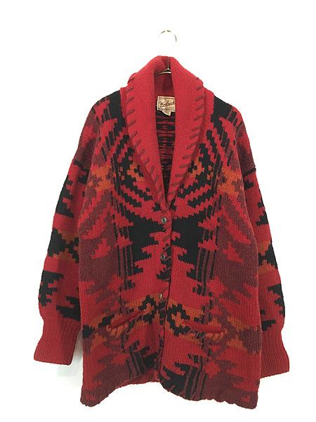 古着 90s WoolRich ネイティブ チマヨ 総柄 ショールカラー ウール ハンド ニット カーディガン RUBY RED M