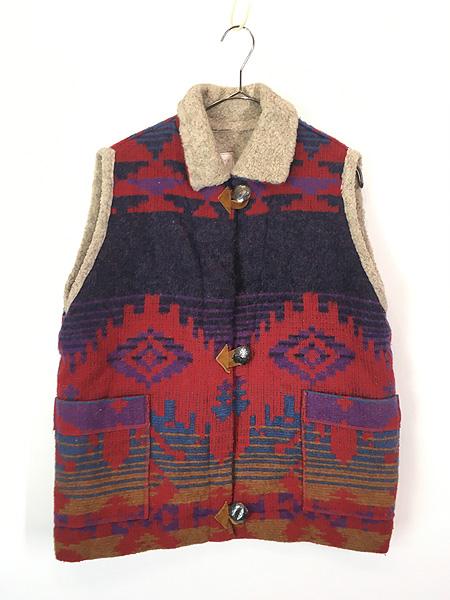 古着 90s- USA製 P.L.Greene's コンチョボタン ボア ライナー ネイティブ チマヨ ウール ブランケット ベスト S