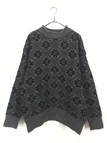 古着 90s GAP モノクロ ジオメトリック パターン 総柄 ヘビー ウール ニット タートルネック セーター XL