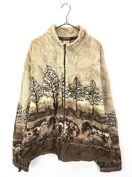 古着 90s OUTBACK ツリー 馬 ホース アニマル 総柄 フリース ジャケット XL 古着