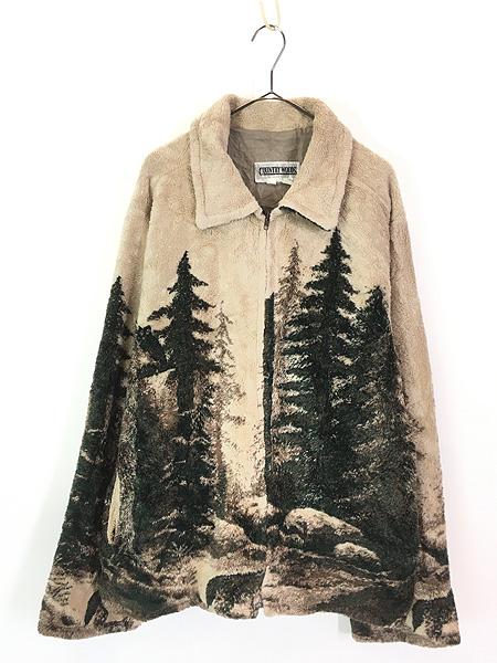 古着 90s COUNTRY WOODS オオカミ ウルフ 総柄 襟付き フリース ジャケット M位 古着