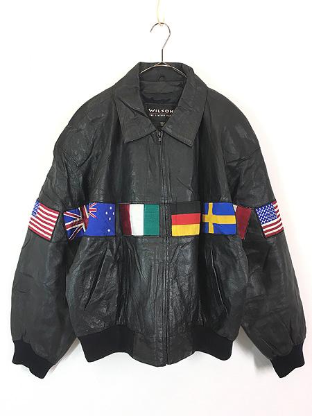 古着 90s Wilsons 万国旗 フラッグ パッチ 本革 オール レザー 襟付き スタジャン ジャケット XL 古着