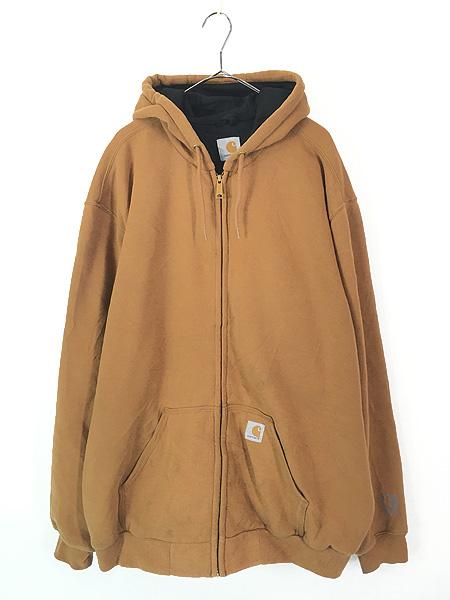 古着 Carhartt 裏地 メッシュ ワンポイント パッチ 「Rain Defender」 撥水 スウェット ジップ パーカー 茶 XL Tall 古着