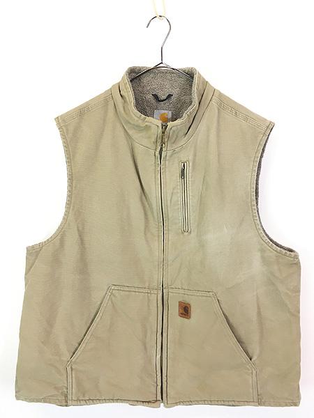 古着 Carhartt 裏ボア ベージュ ダック ハイネック ベスト XL 古着?@