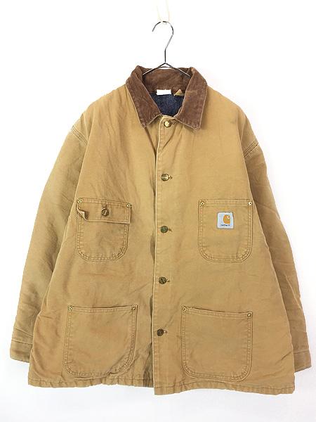 古着 80s USA製 Carhartt 裏地 ストライプ ブランケット ブラウン ダック ミシガンチョア カバーオール ジャケット 48 古着