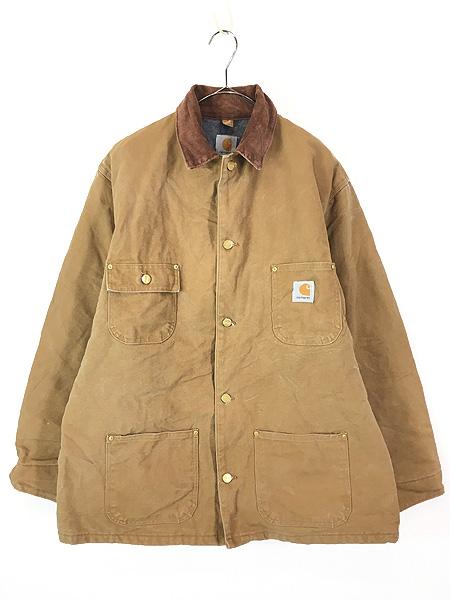 古着 00s USA製 Carhartt 裏地 ストライプ ブランケット ブラウン ダック ミシガンチョア カバーオール ジャケット 46 Tall 古着