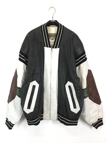 古着 90s ラグビー アメフト コート パッチワーク アート 本革 オール レザー スタジャン ジャケット XL 古着