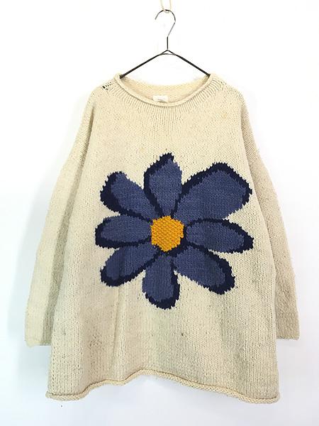 古着 80s エクアドル製 Artesanias 両面 フラワー デイジー モチーフ ロールネック ヘビー ウール ニット セーター XL位