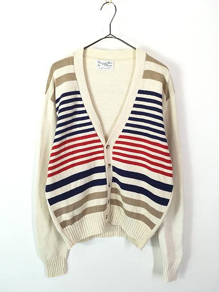 古着 90s USA製 Christian Dior マルチ ボーダー パターン コットン ニット カーディガン L