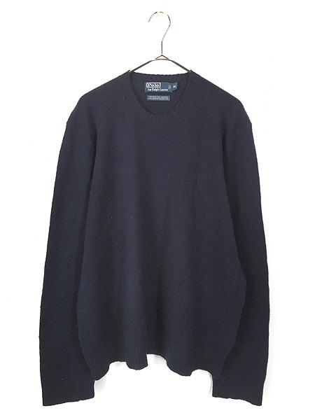 古着 Polo Ralph Lauren 無地 ソリッド スエード レザー エルボーパッチ カシミヤ ウール ニット セーター 紺 XL 古着
