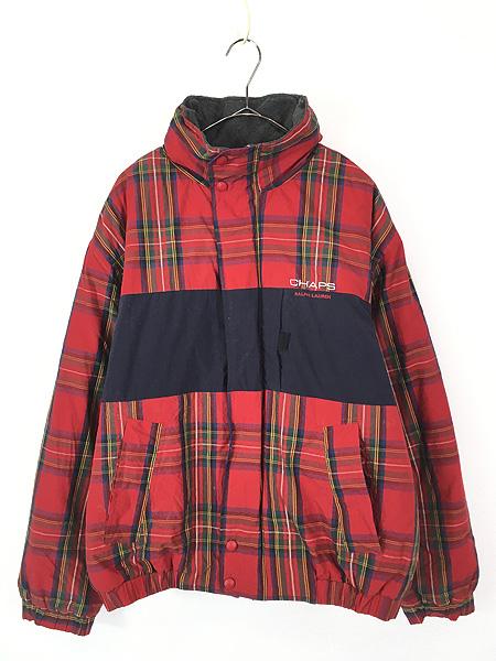 古着 90s CHAPS Ralph Lauren チェック × プレーン 2way パデット コットン ナイロン シェル ジャケット M 古着