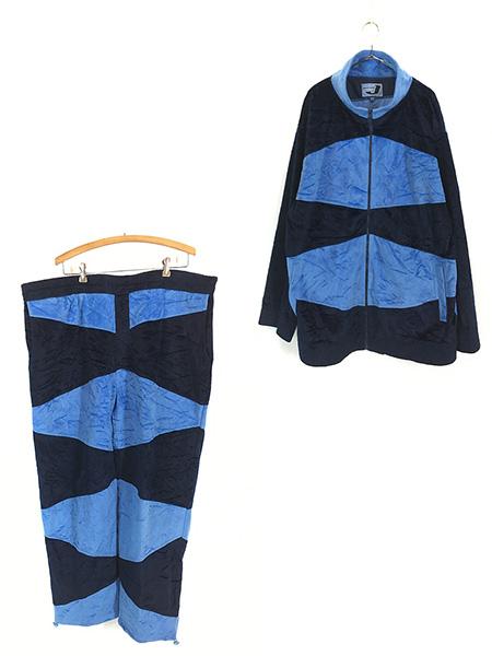 古着 00s JAFARI 紺×水色 バイカラー 光沢 ベロア ジャージ トップ & パンツ セットアップ XL 古着