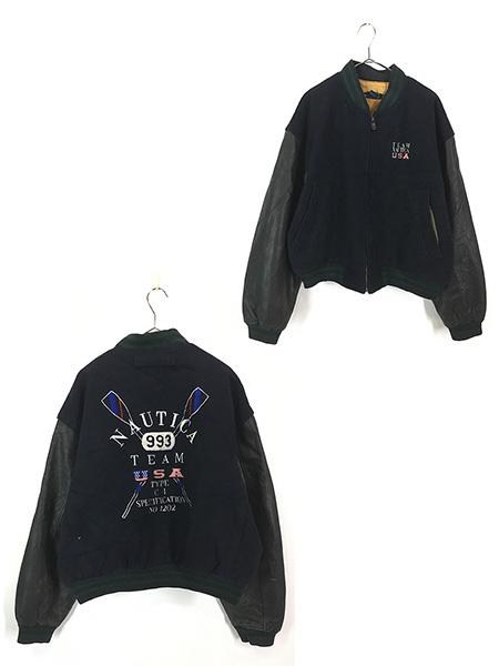 古着 90s Nautica 「TEAM TOUTICA USA」 本革 レザー × メルトン ウール スタジャン ジャケット M 古着
