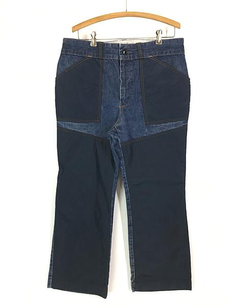 古着 70s GAME WINNER ナイロン パッチ Wニー ブルー デニム ハンティング パンツ ジーンズ ストレート W35 L28