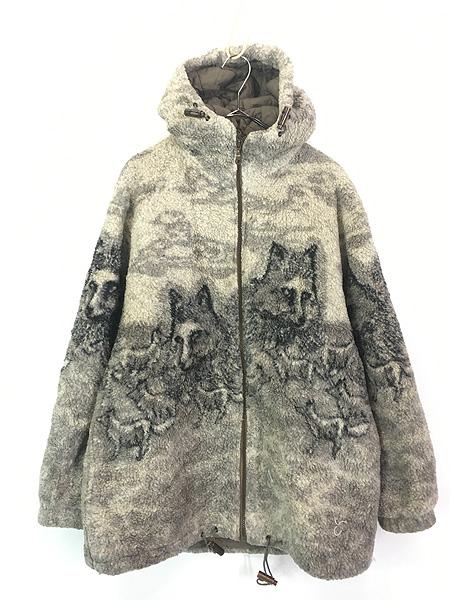 古着 90s WERTHER SPIRITS オオカミ ウルフ アニマル パデット フリース ボア パーカー M 古着