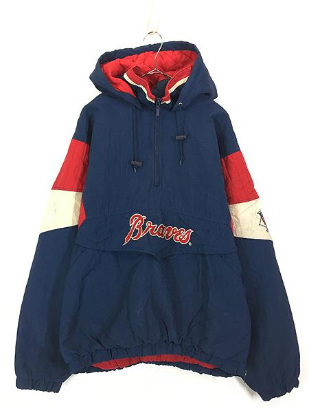 古着 90s STARTER MLB Atlanta Braves ブレーブス ハーフジップ パデット ナイロン ジャケット パーカー L 古着