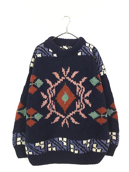古着 90s エクアドル製 ダイヤ ネイティブ アート ヘビー ウール ニット セーター XL位 古着
