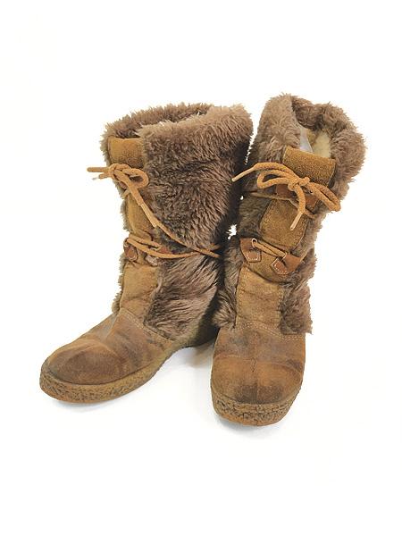 雑貨 古着 70s USA製 LEATHER UPPERS レースアップ スエードレザー フェイクファー ブーツ 24cm 古着