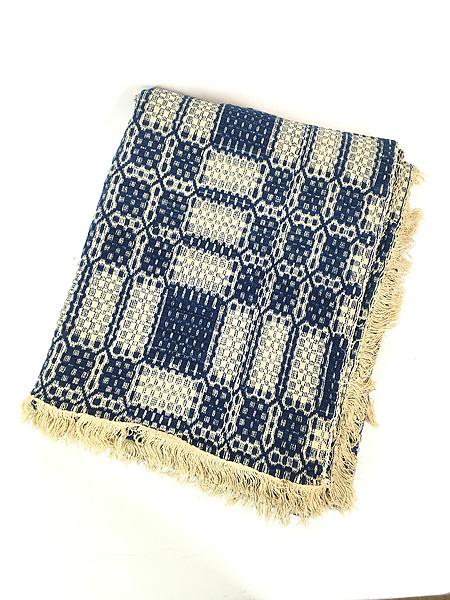 雑貨 古着 40s〜 青×オフホワイト マルチ チェック フリンジ ブランケット ラグ マット 大判 古着