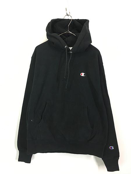 古着 Champion Reverse Weave ワンポイント リバース スウェット パーカー 黒 M 古着